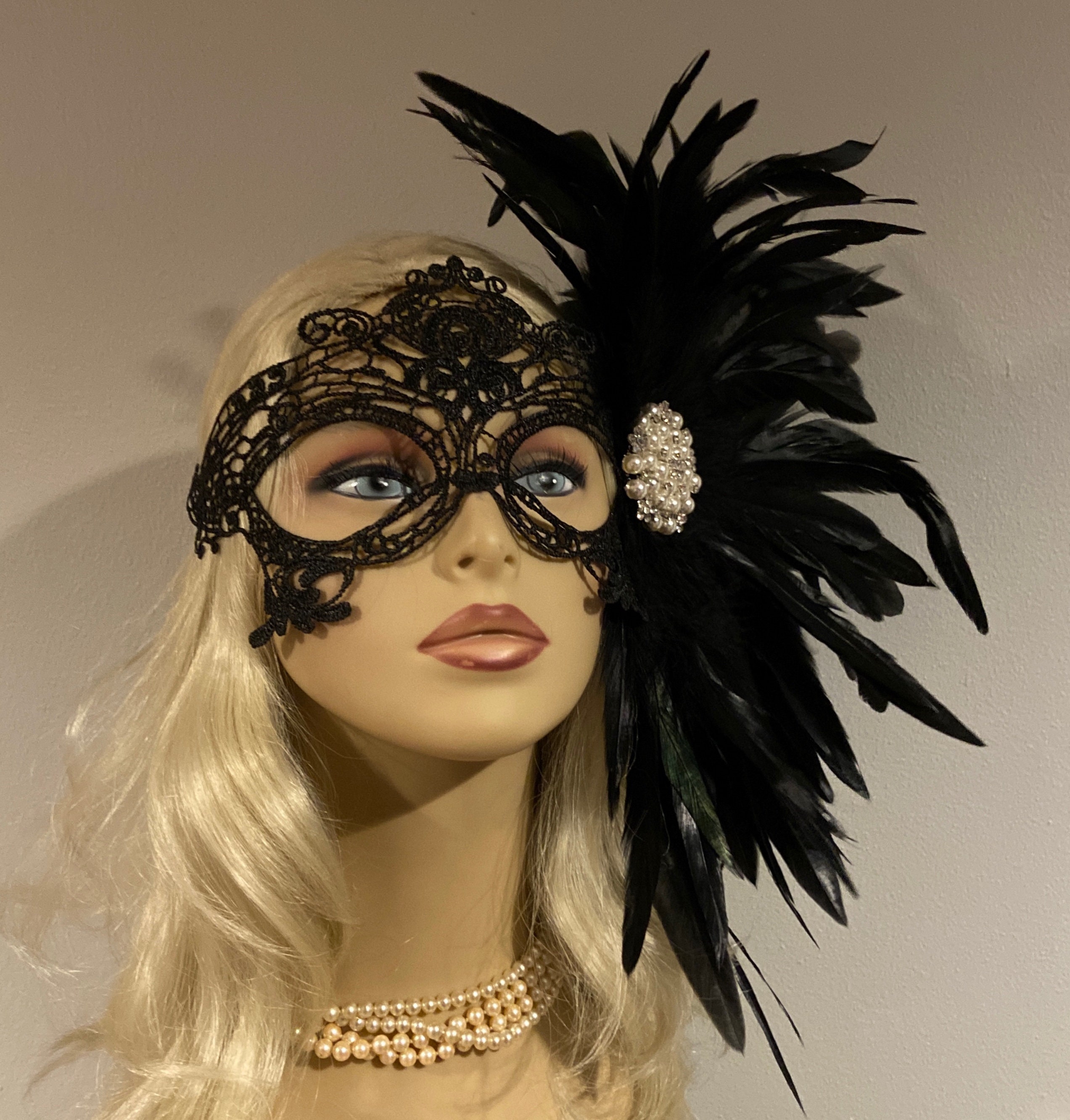 Black Lace Masquerade Mask Pearl Brooch Masked Ball | Etsy