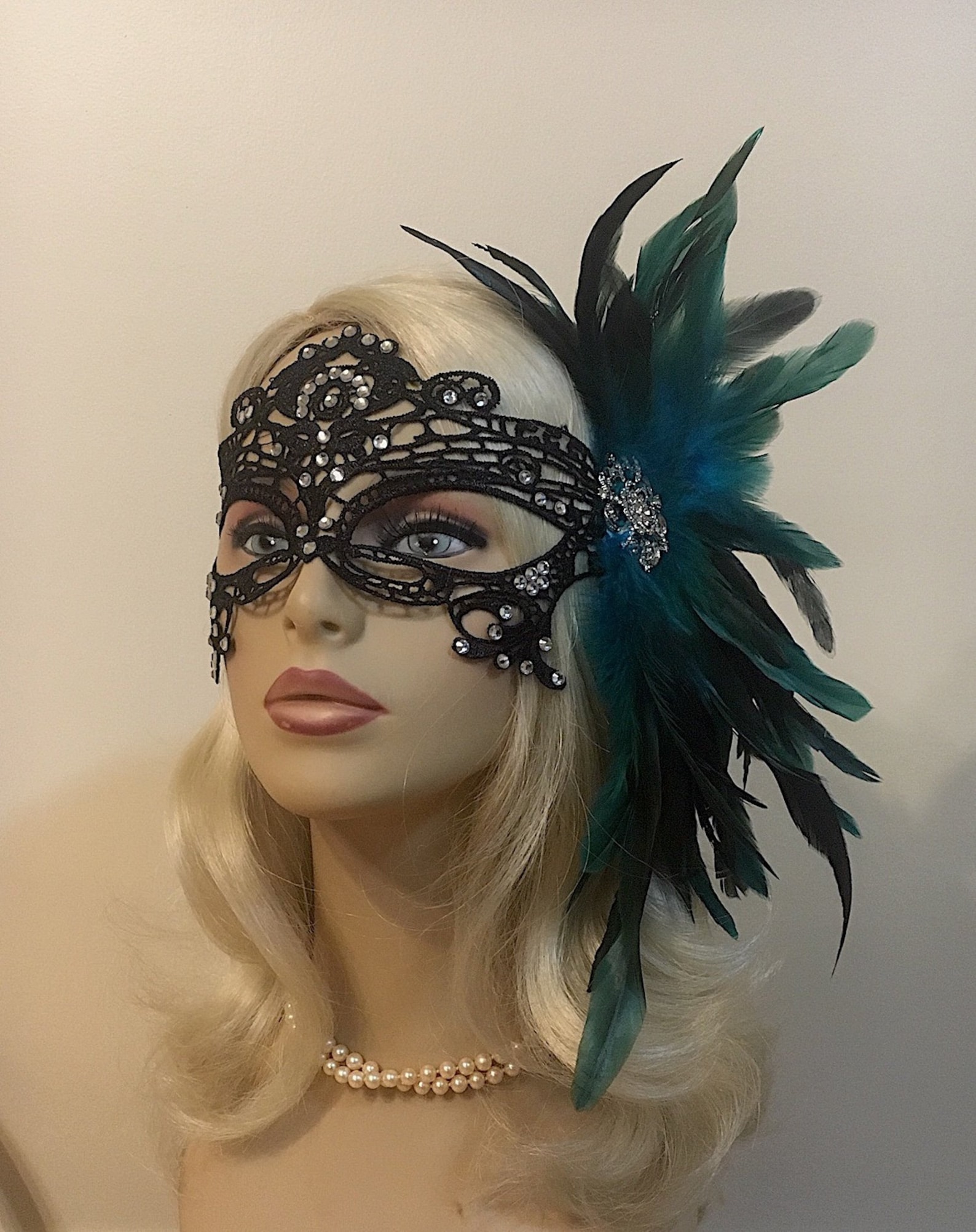 Turquoise Lace Masquerade Mask With Feathers and Crystals - Etsy