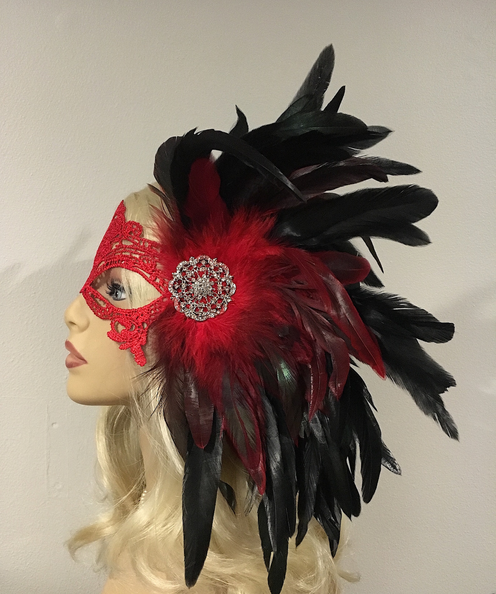 Red Mask Lace Masquerade Mask With Feathers Masked Ball | Etsy