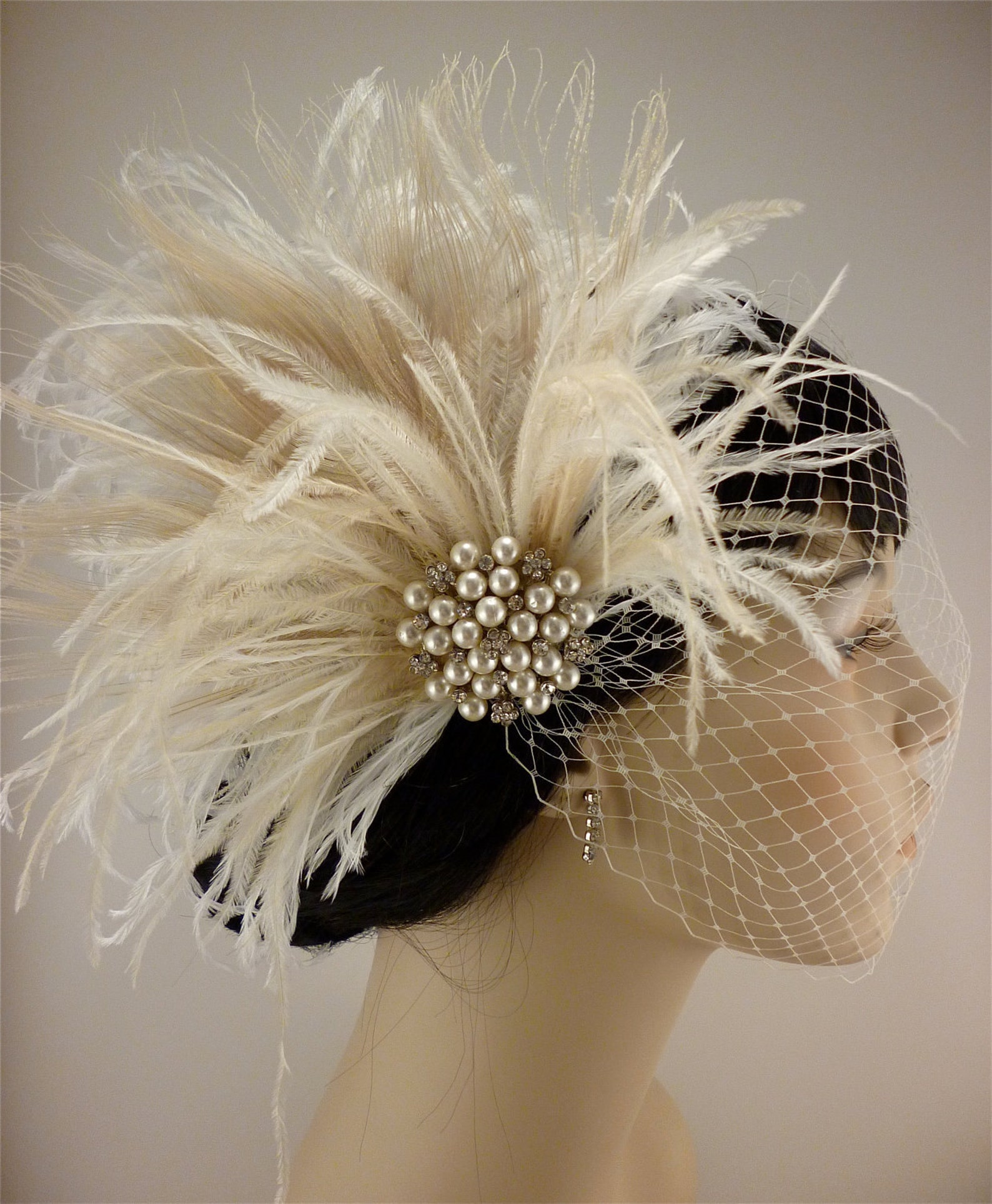 Rhinestone Pearl Bridal Feather Fascinator Ivory Feather | Etsy