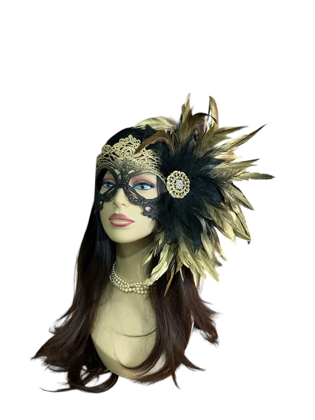 Gold Masquerade Mask Costume Party Feather Lace Frans Mask Iridescent ...