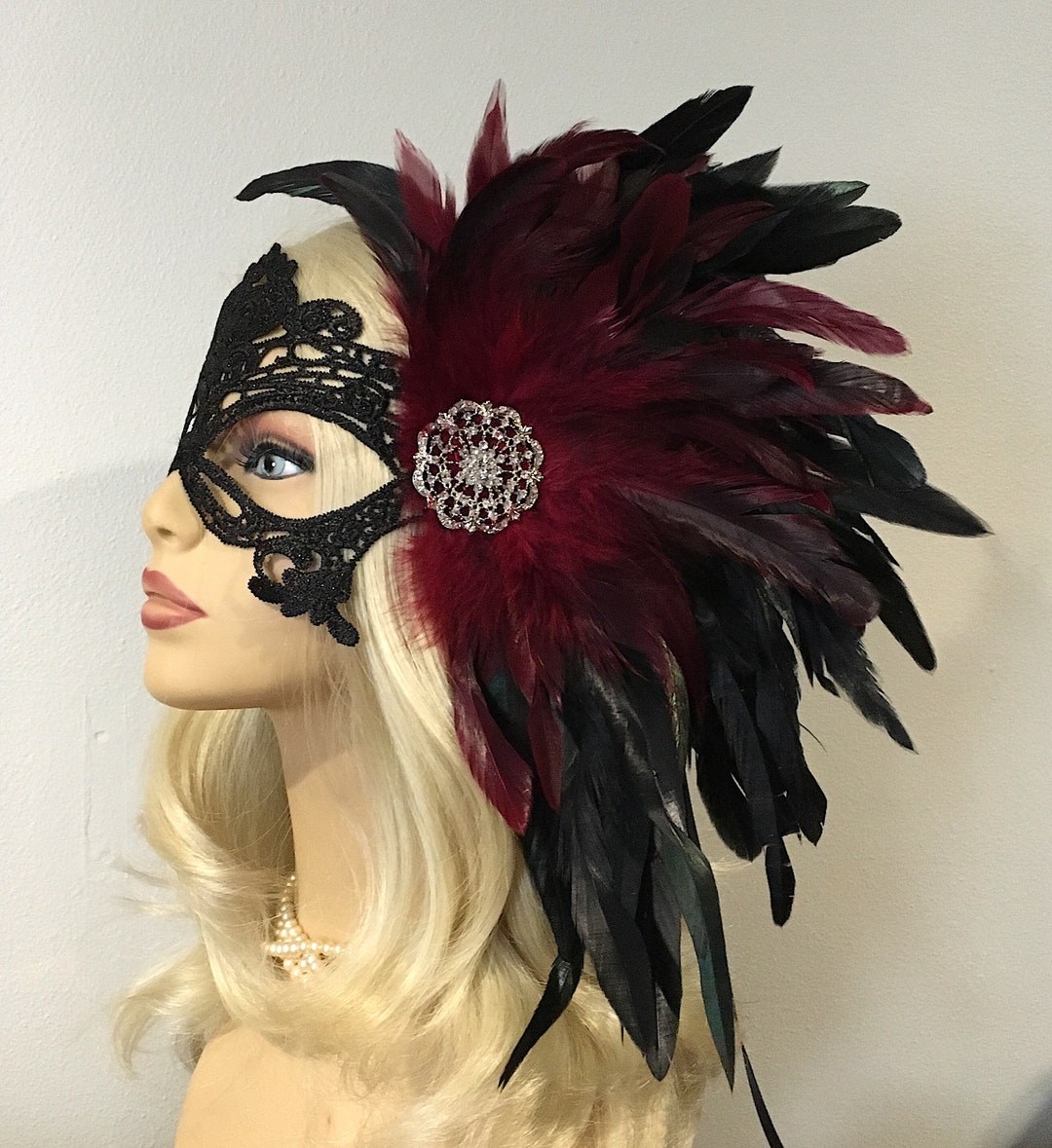 Feather Mask, Black Lace Masquerade Mask With Burgundy Feathers, Masked ...