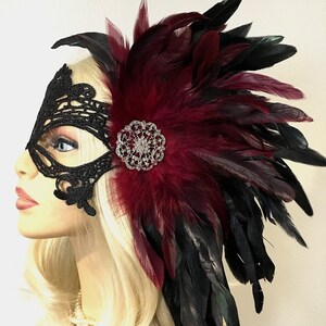 Feather Mask, Black Lace Masquerade Mask With Burgundy Feathers, Masked ...