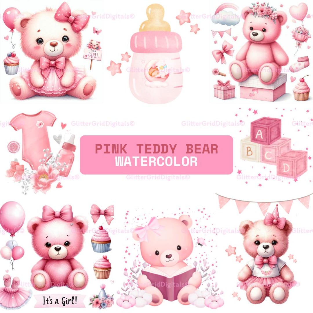 Pink Teddy Bear Clipart Teddy Bear Baby Shower JPG Watercolor Bear Girl ...