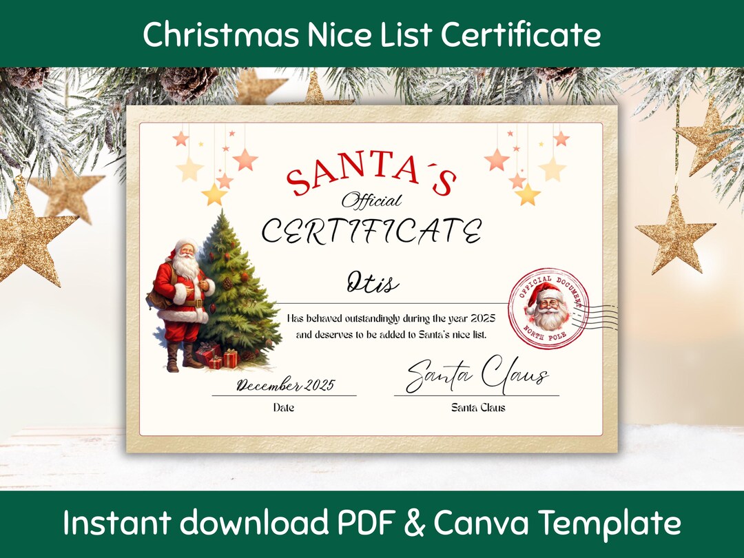 Editable Santa's Nice List Certificate: Christmas Keepsake (PDF & Canva ...