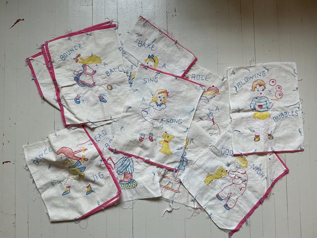 Antique Children’s Quilt Fragments - Embroidered Nursery Scenes-“blow ...