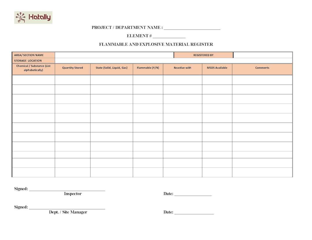 Flammable Materials Register, Explosive Materials Register, Hazardous ...
