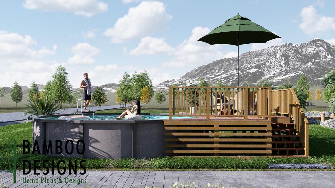 Sunrise Park 10x20 Circle Pool Deck Plan – Elevated Deck With Railings ...