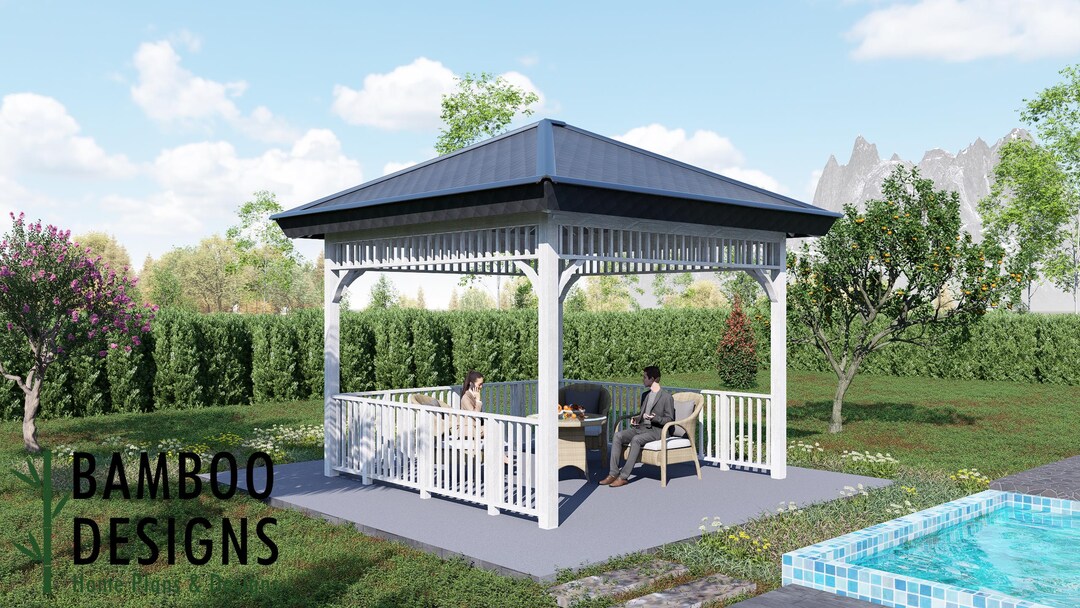 Palermo 14x14 Gazebo Plan – Hip Roof Pavilion | DIY Backyard Lounge ...