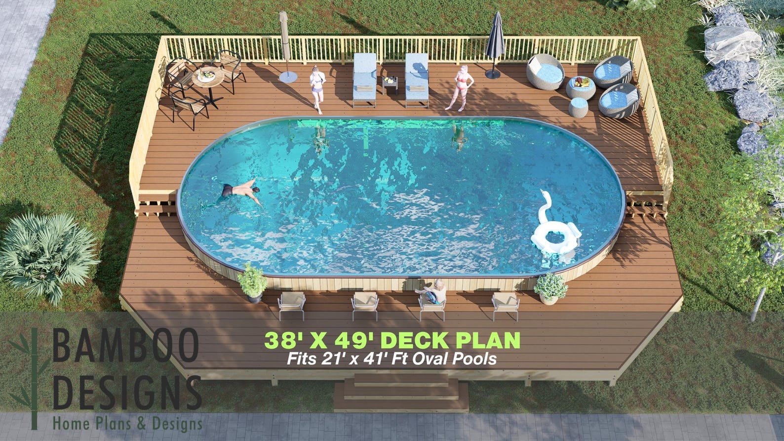 Highland Resort-style Oval Pool Deck Plan – 38x49 Wrap-around Deck With ...
