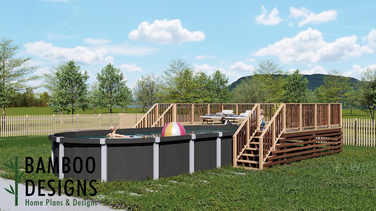 Airy Oval Pool Deck Plan – 15x30 Pool | 16x23 Compact Deck Layout | DIY ...