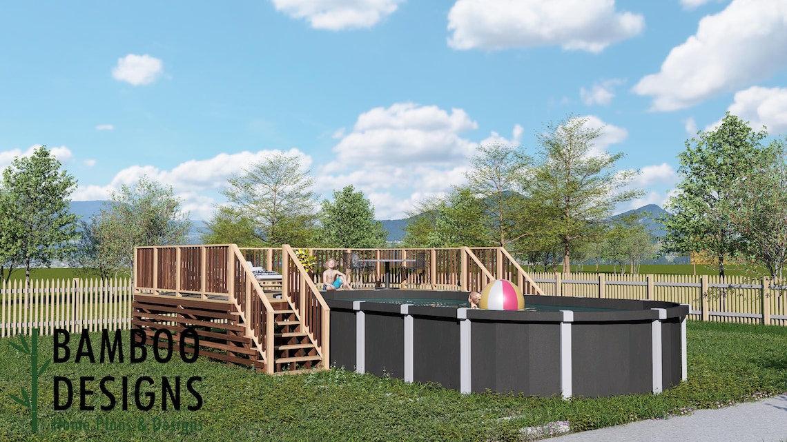 Airy Oval Pool Deck Plan – 15x30 Pool | 16x23 Compact Deck Layout | DIY ...