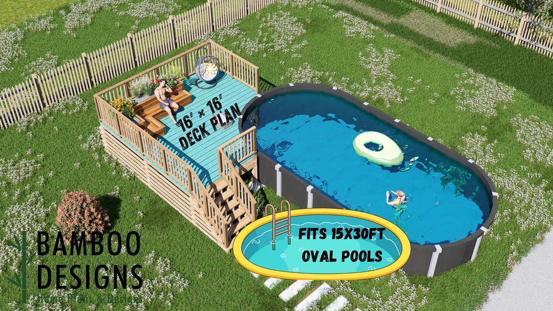 Flow Oval Pool Deck Plan – 15x30 Pool | 16x16 Compact Entry Deck | DIY ...
