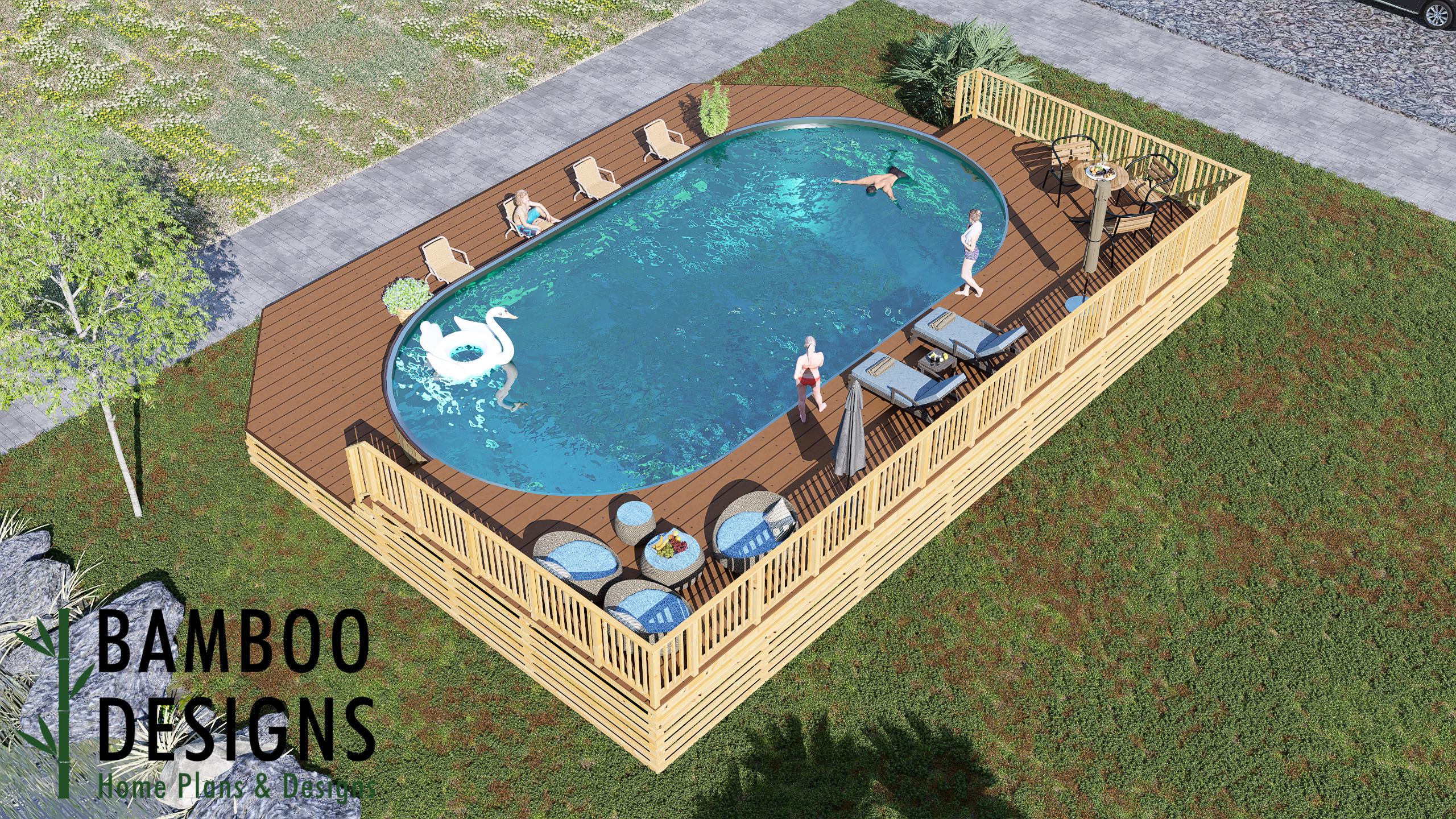 Highland Resort-style Oval Pool Deck Plan – 38x49 Wrap-around Deck With ...