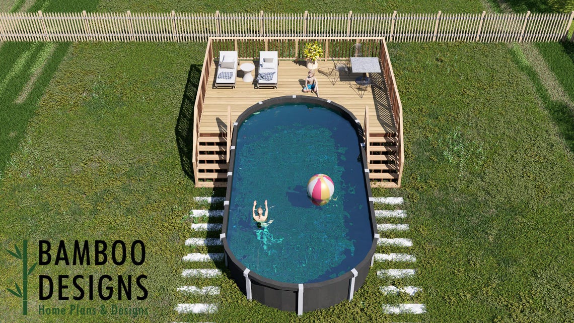 Airy Oval Pool Deck Plan – 15x30 Pool | 16x23 Compact Deck Layout | DIY ...