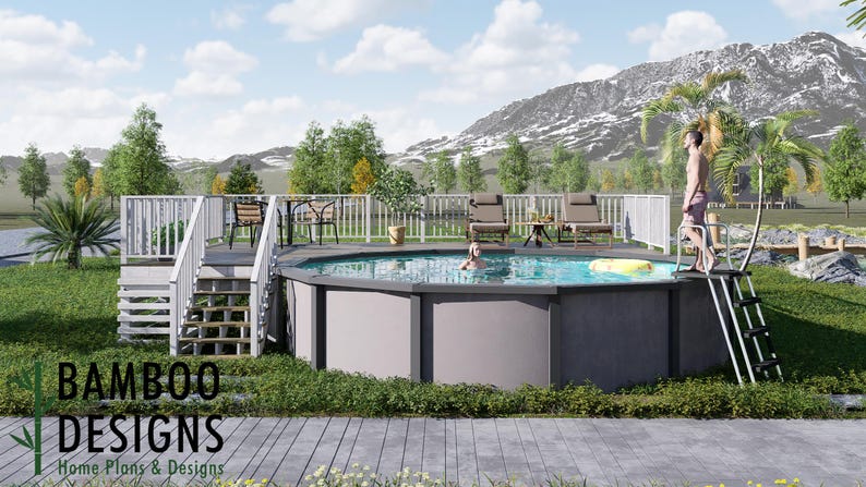 Topanga 20x30 Circle Pool Deck Plan – Elevated Wrap-around Deck for 24 ...