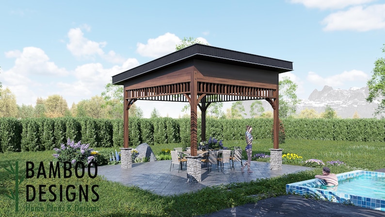 Seville 14x14 Modern Sloped Roof Gazebo Plan – Contemporary Outdoor ...