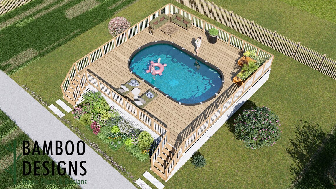 Arwen Grand Oval Pool Deck Plan — 32x32 Luxury Deck for 15x24 Above ...