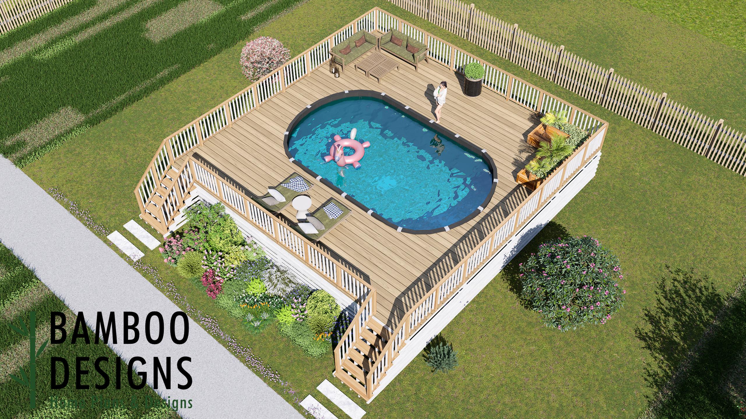 Arwen Grand Oval Pool Deck Plan — 32x32 Luxury Deck for 15x24 Above ...