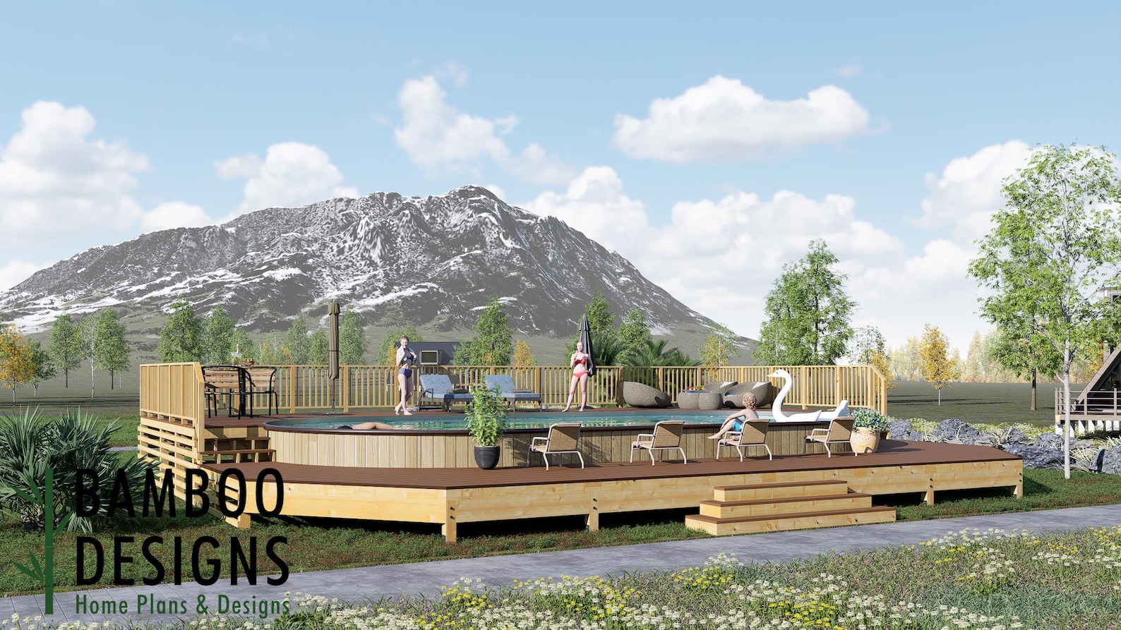 Highland Resort-style Oval Pool Deck Plan – 38x49 Wrap-around Deck With ...