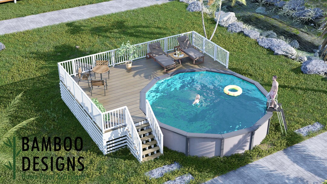 Topanga 20x30 Circle Pool Deck Plan – Elevated Wrap-around Deck for 24 ...