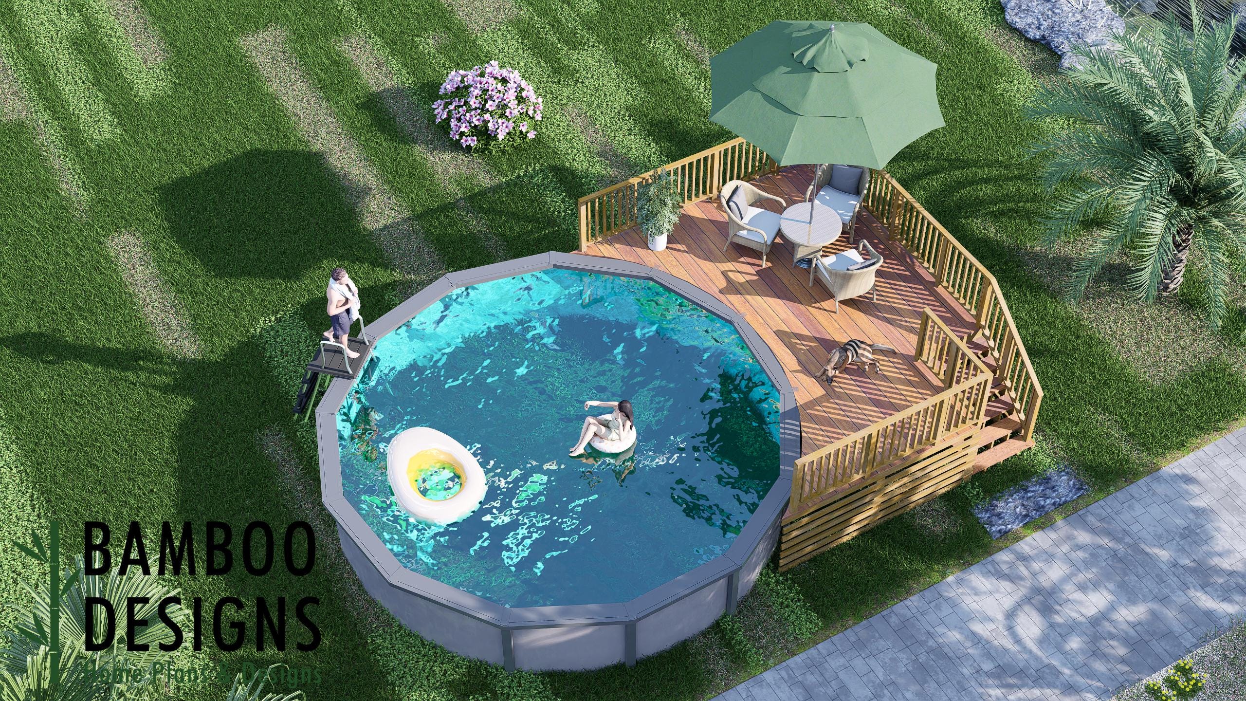 Sunrise Park 10x20 Circle Pool Deck Plan – Elevated Deck With Railings ...