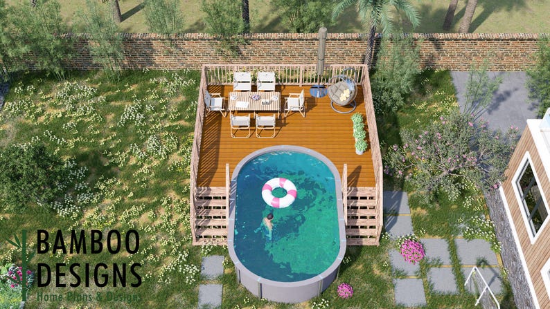 Plano de terraza para piscina ovalada Amanda – Terraza elevada de 16x20 ...