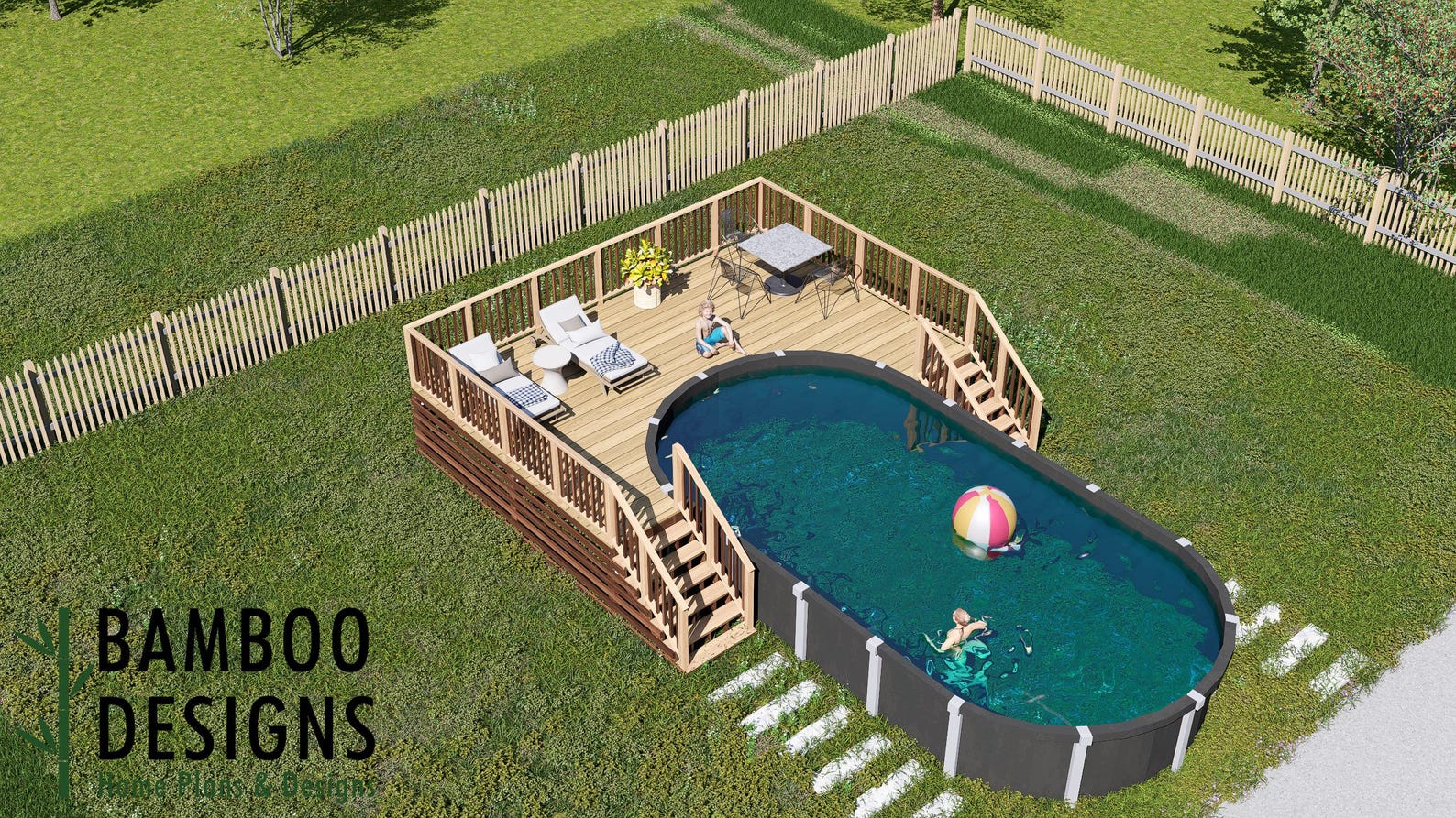 Airy Oval Pool Deck Plan – 15x30 Pool | 16x23 Compact Deck Layout | DIY ...