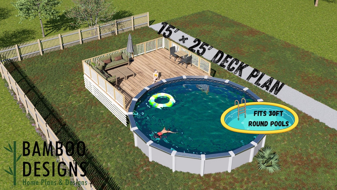 Vine Valley – 30’ Round Pool Deck Plan | 15x25 Elevated Deck With Stair ...