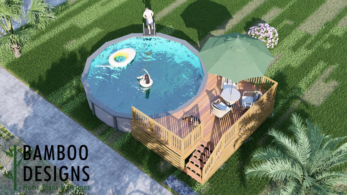 Sunrise Park 10x20 Circle Pool Deck Plan – Elevated Deck With Railings ...