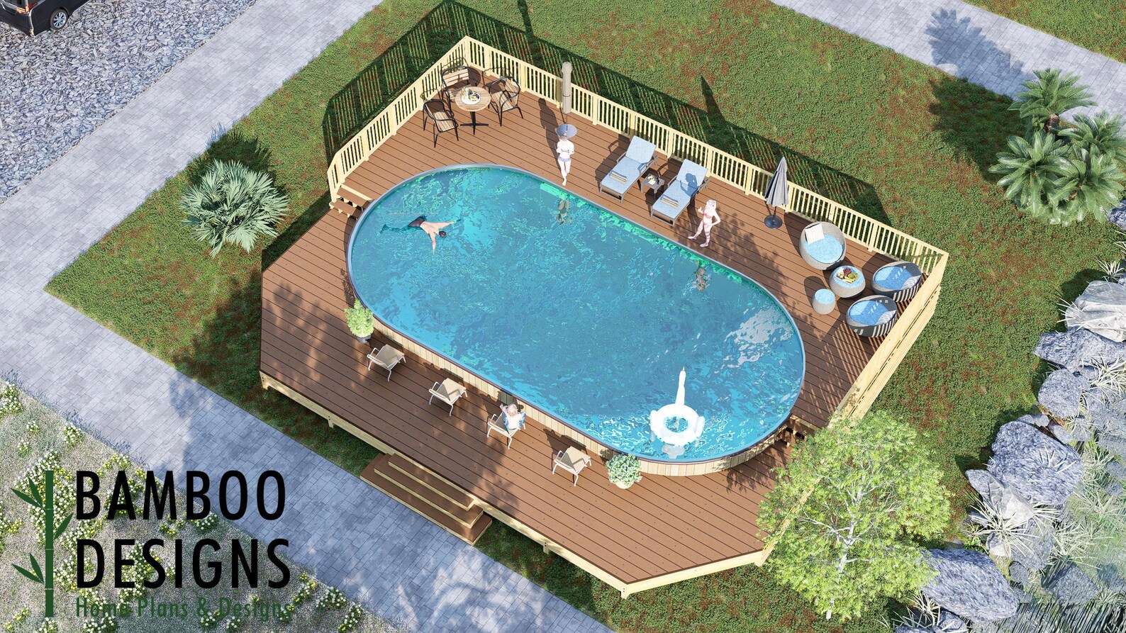 Highland Resort-style Oval Pool Deck Plan – 38x49 Wrap-around Deck With ...