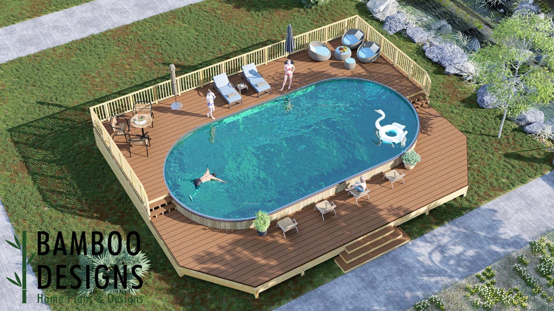 Highland Resort-style Oval Pool Deck Plan – 38x49 Wrap-around Deck With ...