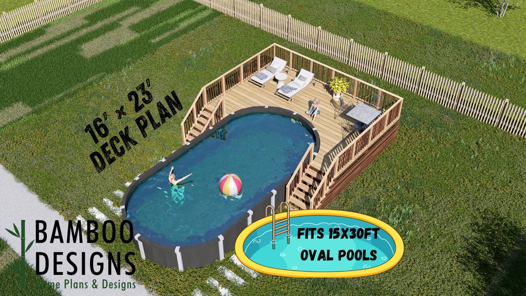 Airy Oval Pool Deck Plan – 15x30 Pool | 16x23 Compact Deck Layout | DIY ...