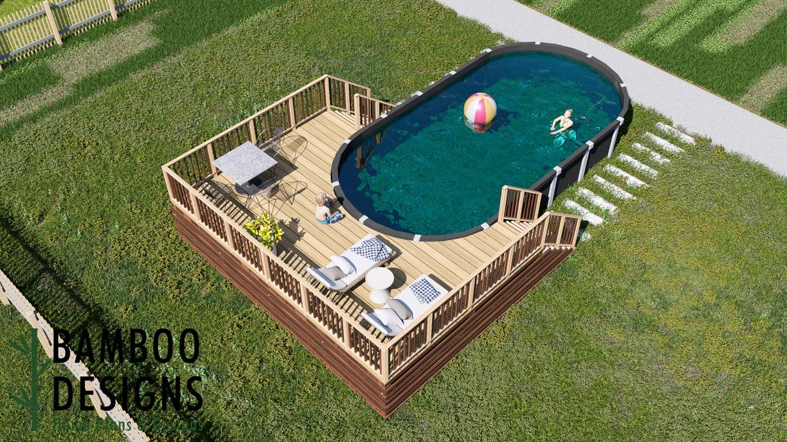 Airy Oval Pool Deck Plan – 15x30 Pool | 16x23 Compact Deck Layout | DIY ...