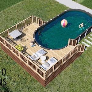 Airy Oval Pool Deck Plan – 15x30 Pool | 16x23 Compact Deck Layout | DIY ...