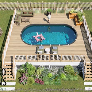 Arwen Grand Oval Pool Deck Plan — 32x32 Luxury Deck for 15x24 Above ...