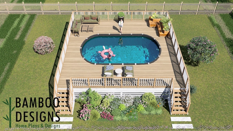 Arwen Grand Oval Pool Deck Plan — 32x32 Luxury Deck for 15x24 Above ...
