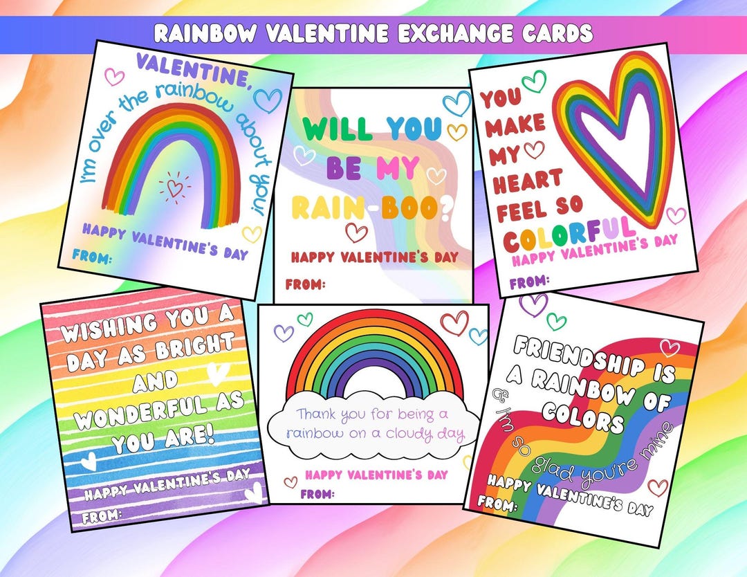 Rainbow Valentine Exchange Cards Printable, Kids Classroom Valentines ...