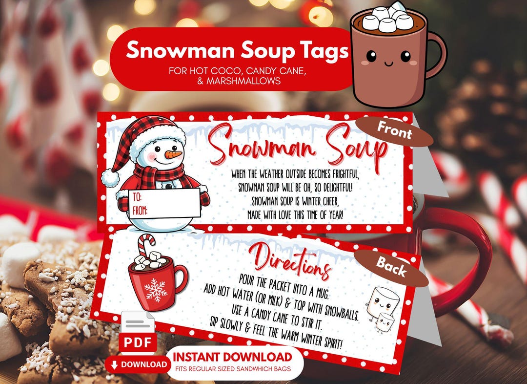 Hot Cocoa Snowman Soup Gift Tags – Printable Christmas Tags, Digital ...