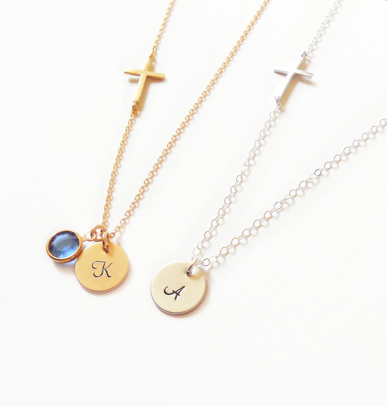 Sideways Cross Initial Birthstone Necklacecustom Initial - Etsy