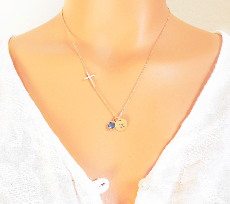 Sideways Cross Initial Birthstone Necklacecustom Initial - Etsy