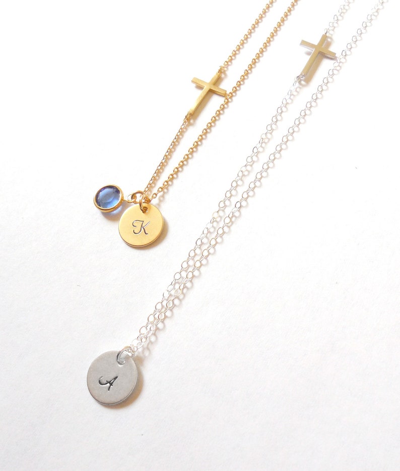 Sideways Cross Initial Birthstone Necklacecustom Initial - Etsy
