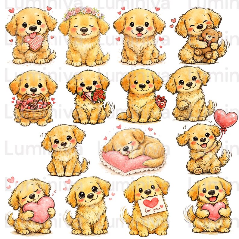 15 Golden Retriever Valentine Clipart PNG | Puppy Love Poses | Dog ...