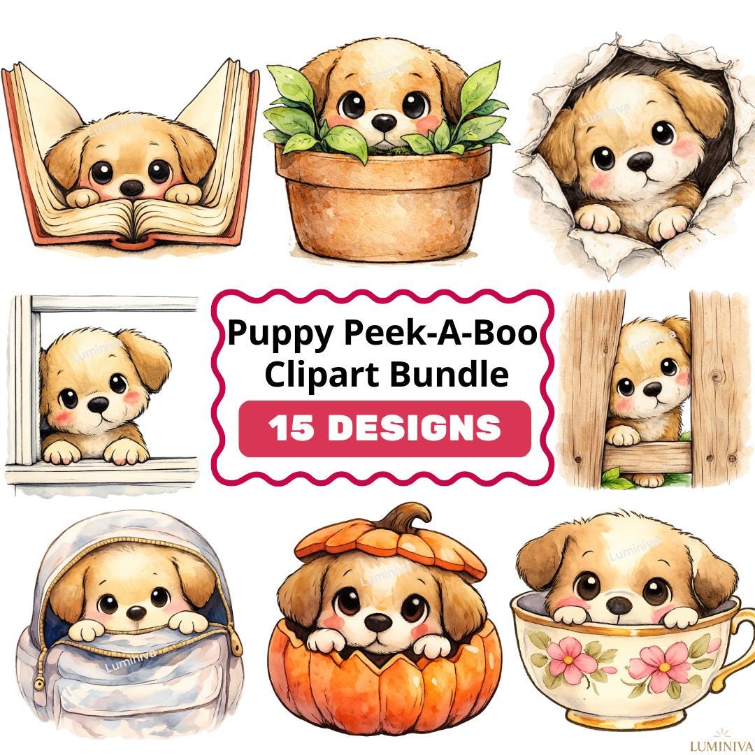 15 Puppy Peek-a-boo Clipart PNG | Watercolor Cartoon Dog Peeking ...