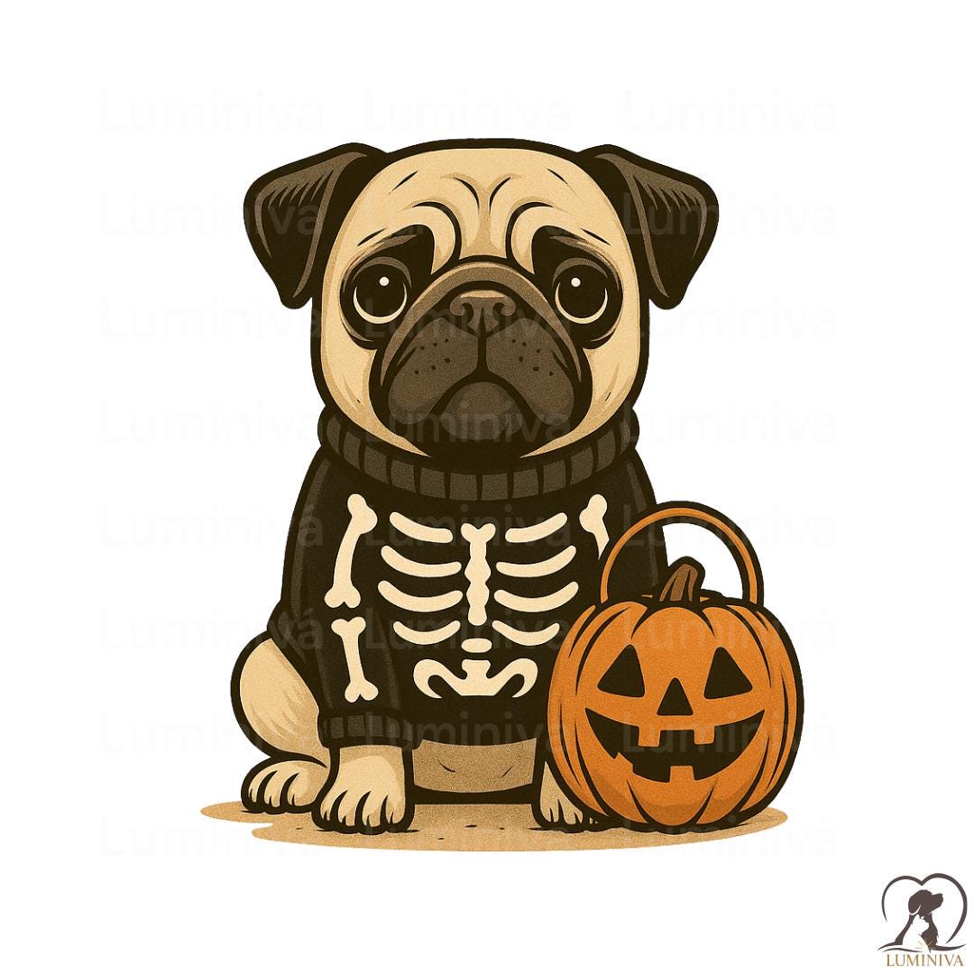 Halloween Pug Clipart – Skeleton Costume, Pumpkin (PNG, SVG, JPG) - Etsy