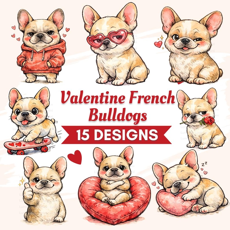 15 French Bulldog Valentine Clipart PNG | Frenchie Puppy Poses | Dog ...