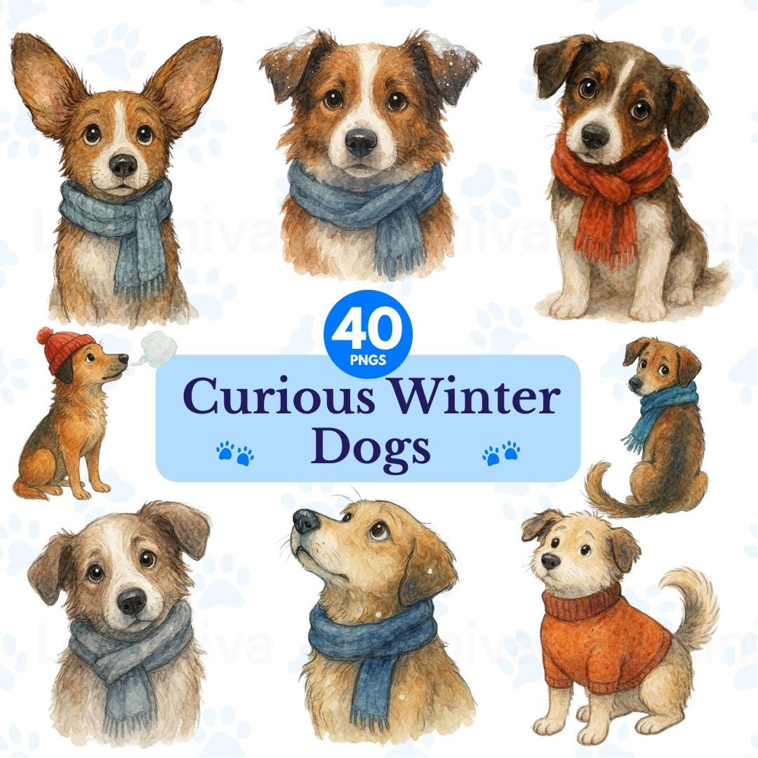 Curious Winter Dogs Clipart Bundle – 40 Whimsical Dog Expressions PNG ...