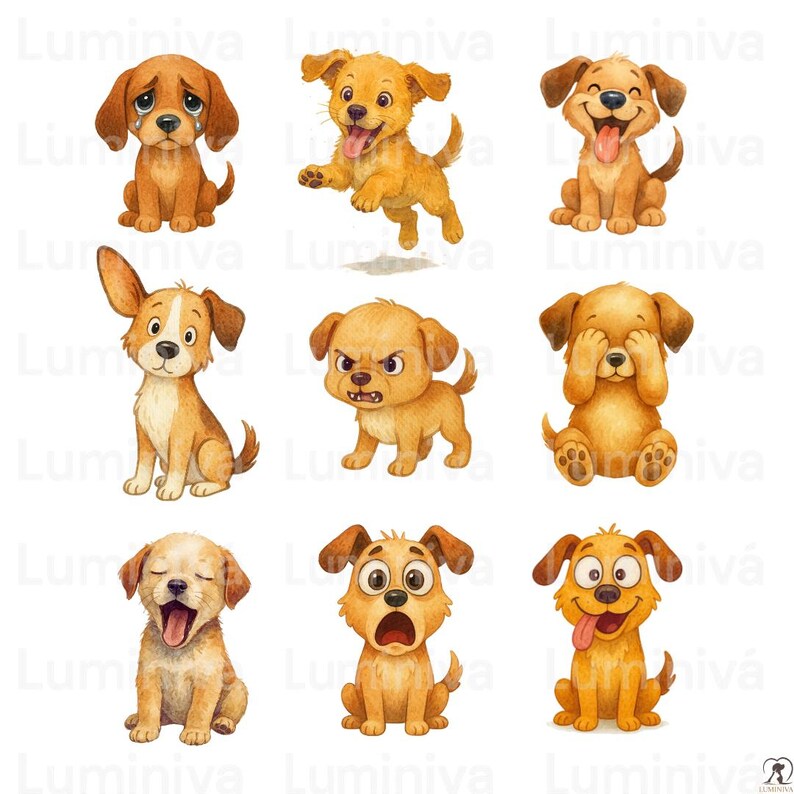 15 Puppy Emotions Clipart Bundle – Funny Dog Faces PNG | Watercolor ...