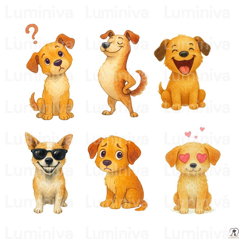 15 Puppy Emotions Clipart Bundle – Funny Dog Faces PNG | Watercolor ...
