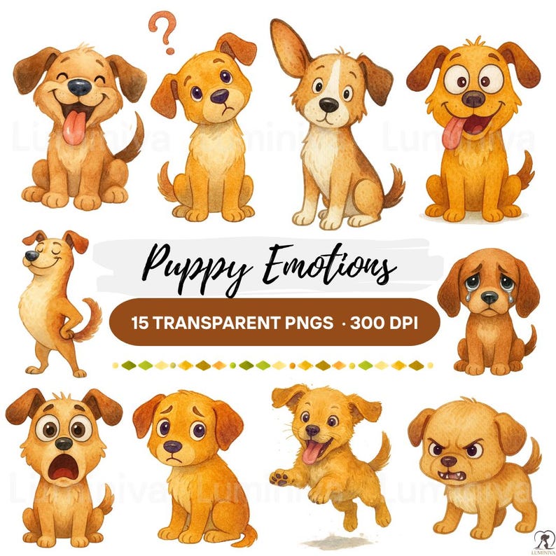 15 Puppy Emotions Clipart Bundle – Funny Dog Faces PNG | Watercolor ...
